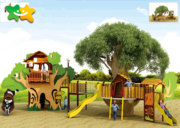 Kindergarten Wooden Playground Slide 1250*1350*520 Cm With Climbing Bridge